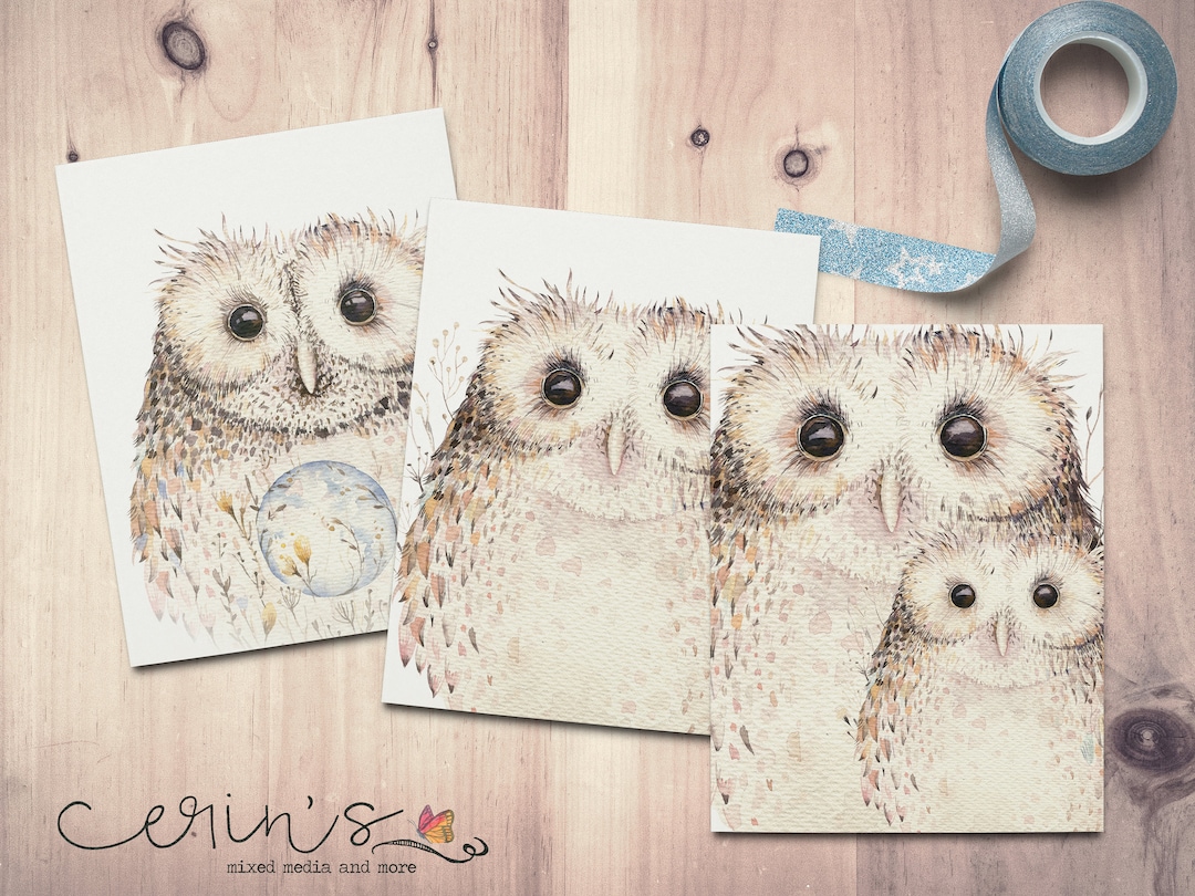 Watercolor Owl Family Note Card Set~boho Blank Notecards 3 Card Set~100 ...