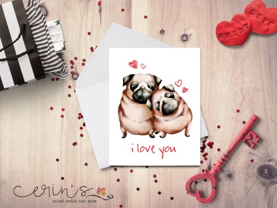 Pugs Love Cardtwo Pugs in Love Greeting Cardvalentines Day - Etsy