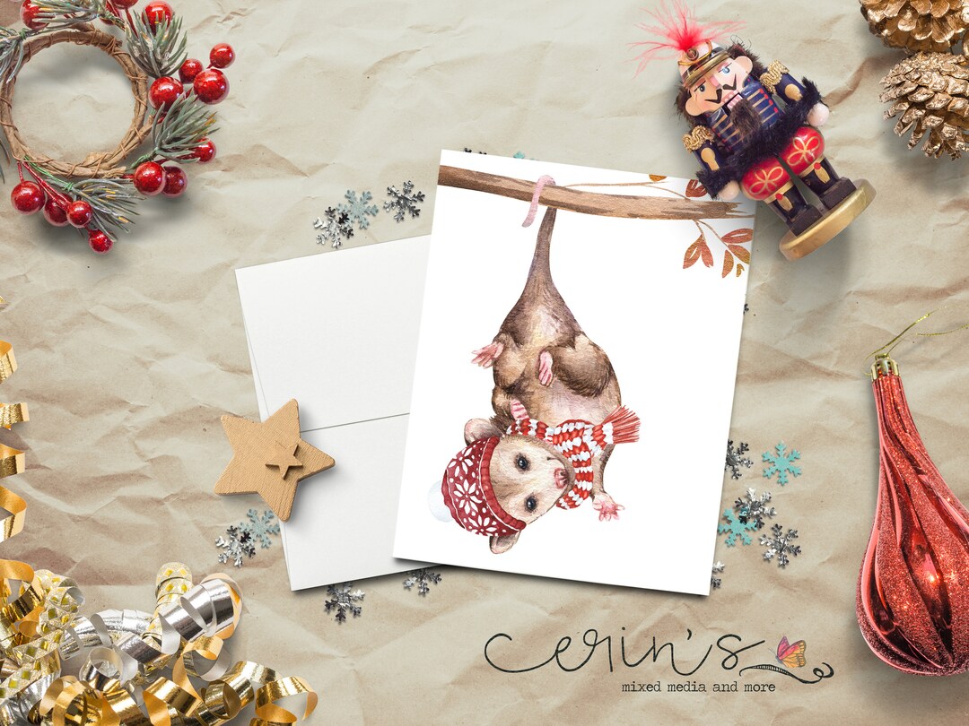 Watercolor Baby Opossum Christmas Card~woodland Animal Cards~winter ...
