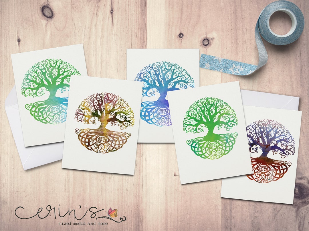 Watercolor Celtic Knot Tree of Life Blank Note Cards~colorful Tree of ...