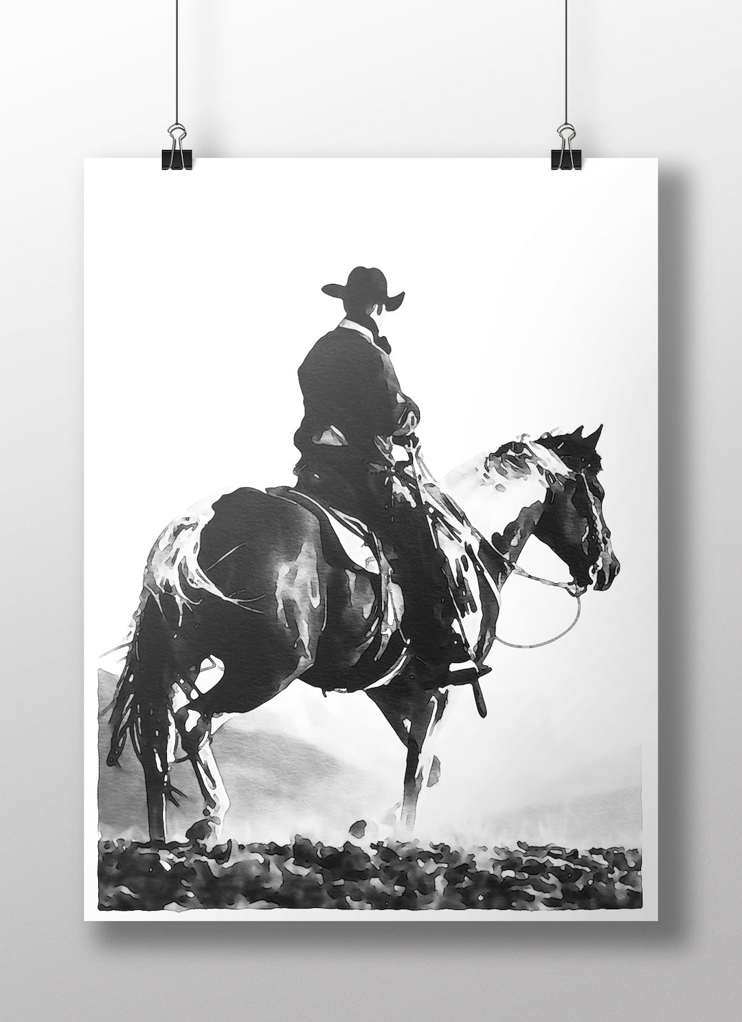 Black and White Cowboy Riding Away Watercolor~farmhouse Art Prints ...