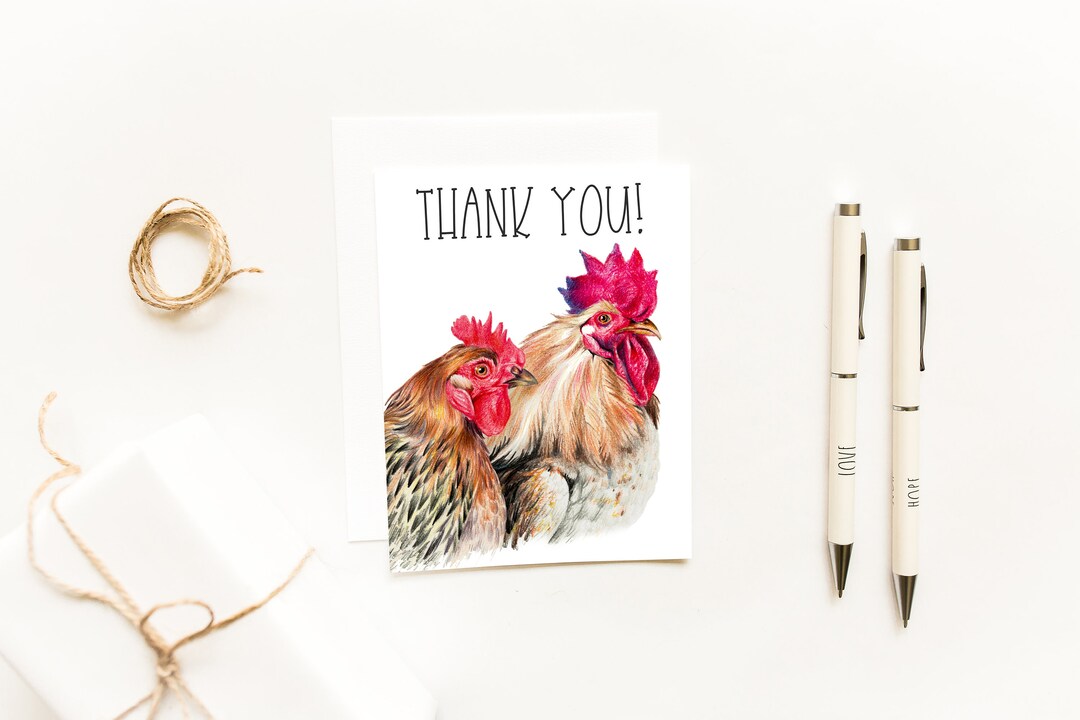 Hen and Rooster Thank You Card~watercolor Thank You Card~farmyard ...