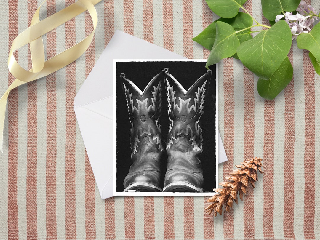 Black Cowboy Boots Note Card~watercolor Decorative Boots Greeting Card ...
