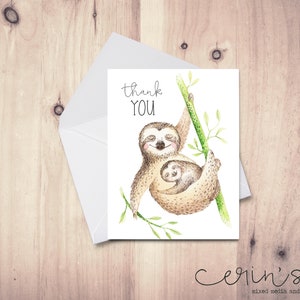 Sloth Baby Shower Thank You Card~watercolor Animal Friends Blank Note ...