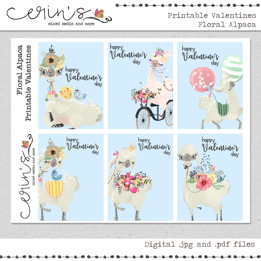 Floral Alpaca Valentine Cards for Kids~printable Valentines Notes ...