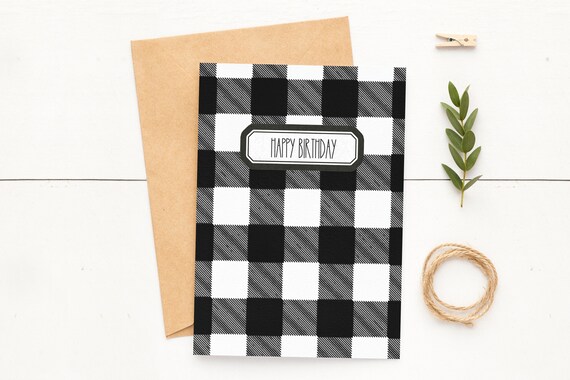 5x7 Buffalo Plaid Farmhouse Birthday Cardswatercolor Black | Etsy