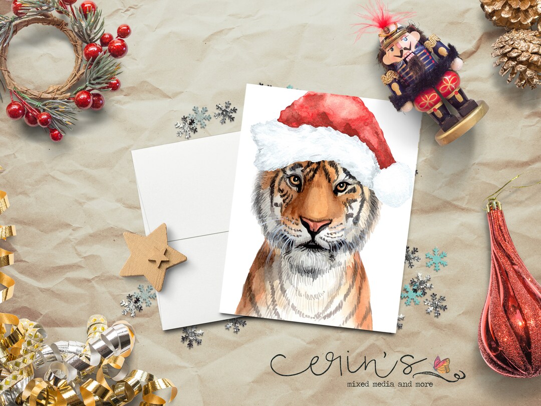 Watercolor Tiger Christmas Card~big Cat Note Cards~winter Tiger ...