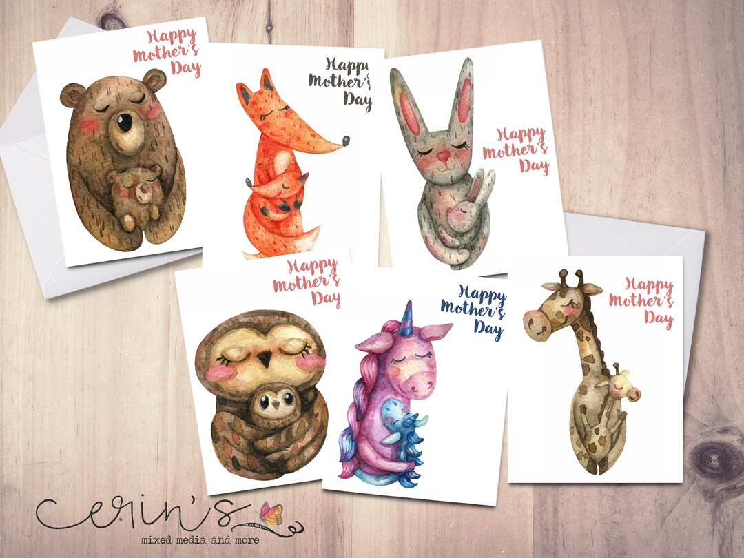 Mother's Day Animal Card Set~watercolor Woodland Animal Notecards~folk ...