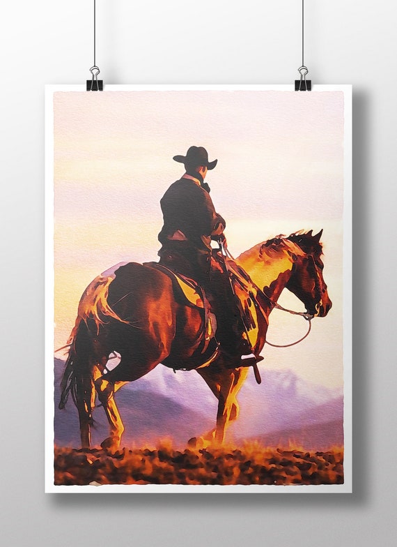 Cowboy Riding Away Watercolorfarmhouse Art Printswestern - Etsy