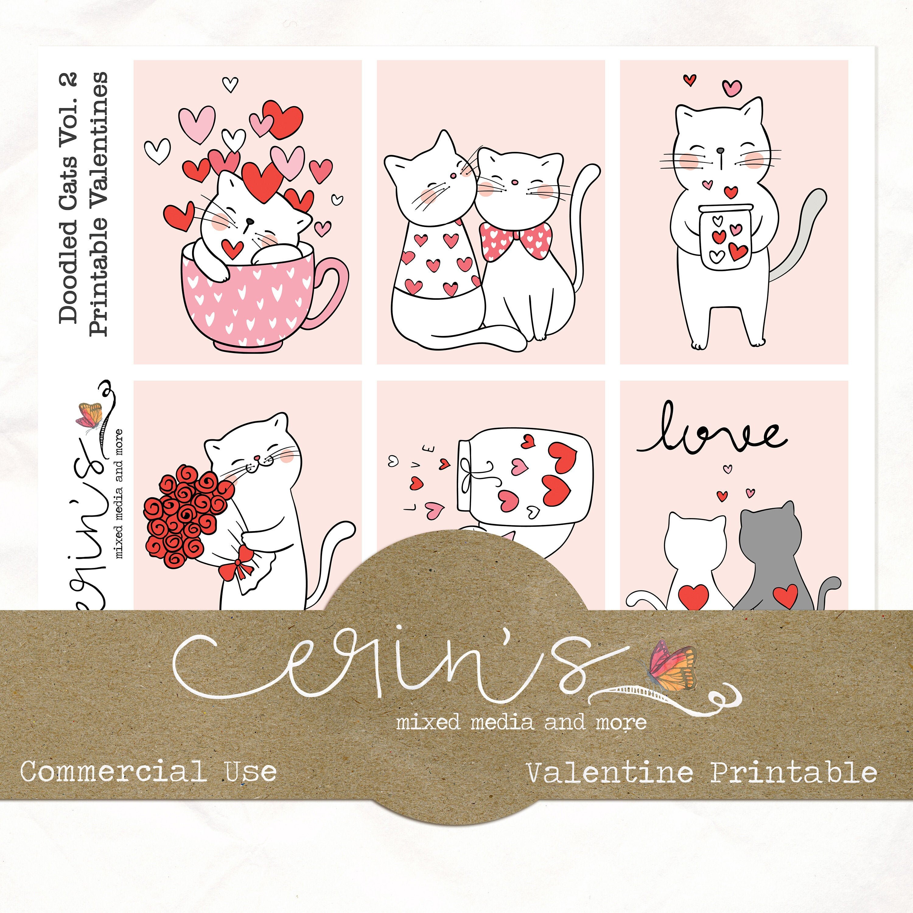 Printable Cat Valentine Cards~doodle Kitty Classroom Valentines~kitten ...