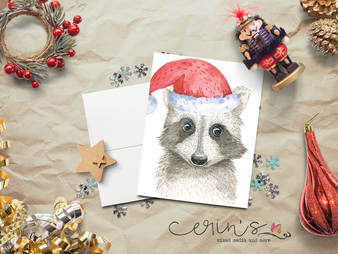 Watercolor Santa Racoon Christmas Cardwoodland Animal - Etsy