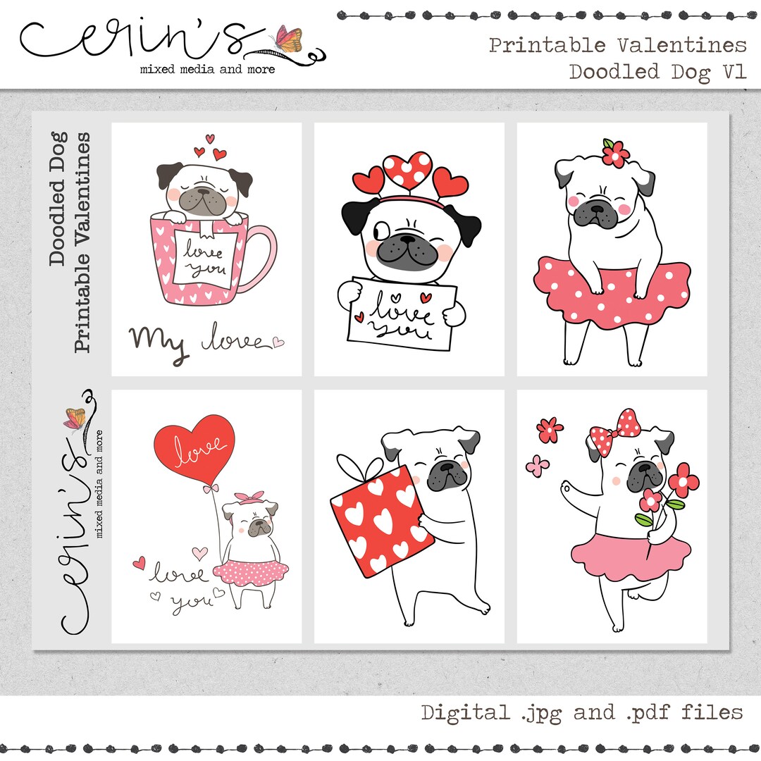 Printable Doodle Dog Valentine Cards~black and White Puppy Classroom ...