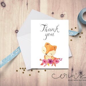 Baby Fox Floral Thank You Card~kids Watercolor Stationery~watercolor ...