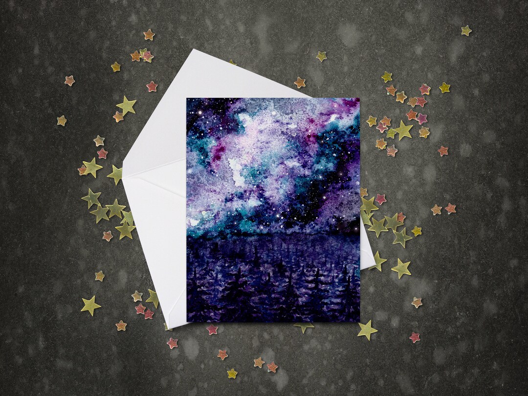 Watercolor Night Sky With Winter Trees Galaxy Notecards~watercolor ...