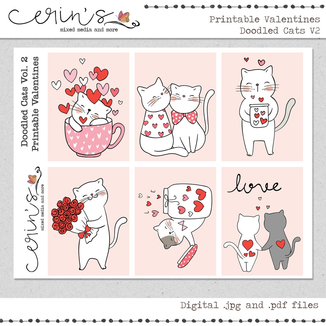Printable Cat Valentine Cards~doodle Kitty Classroom Valentines~kitten ...