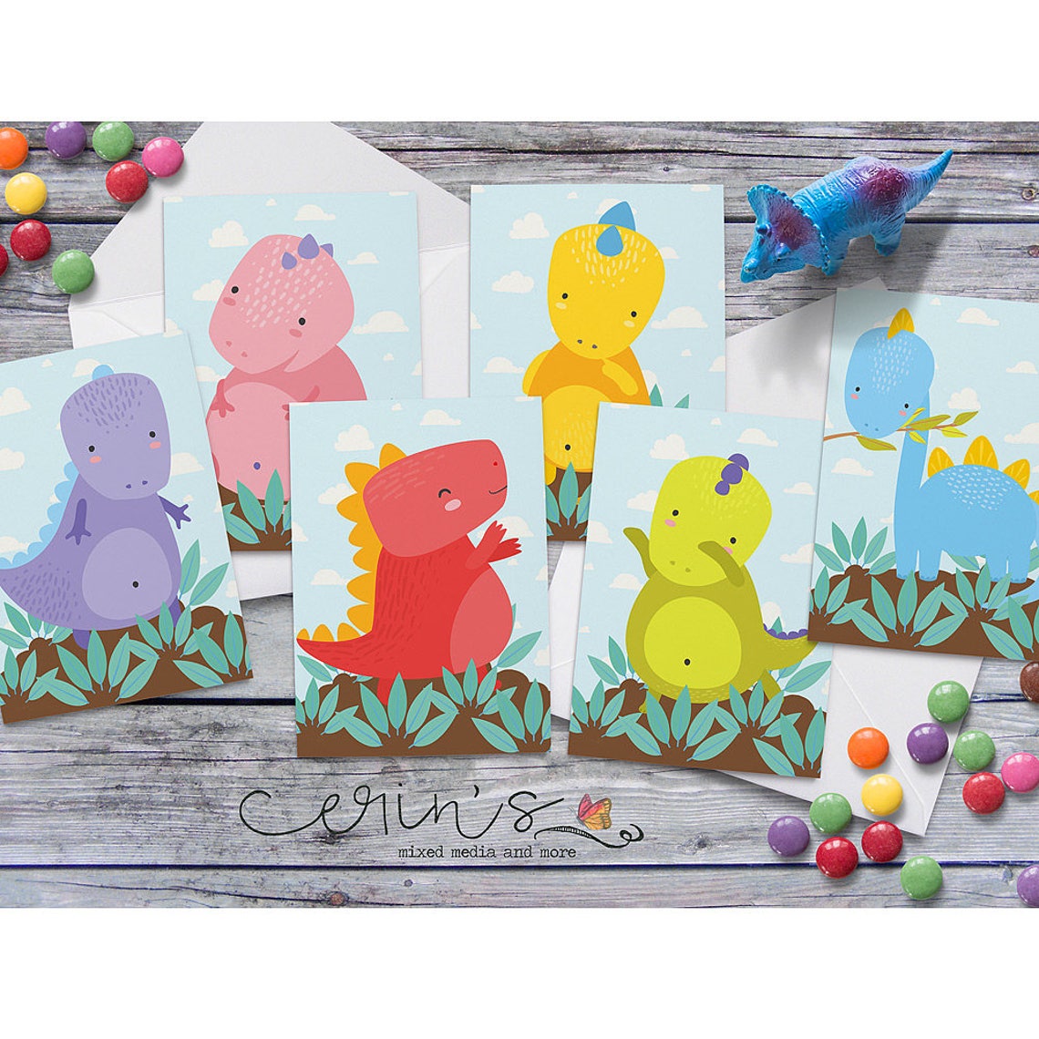 Dinosaur Note Card Set~blank Note Cards~birthday Invites~friendly ...