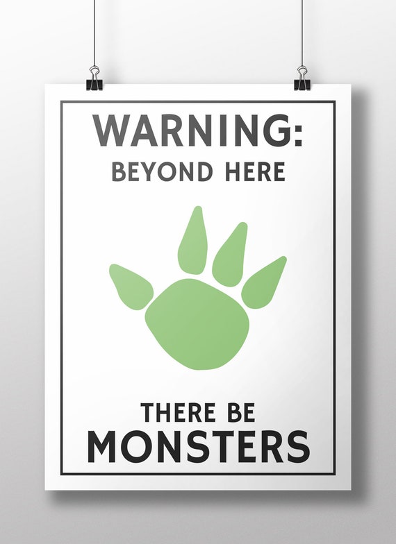Monster Warning Signthere Be Monsters Posterbeyond Here Wall - Etsy