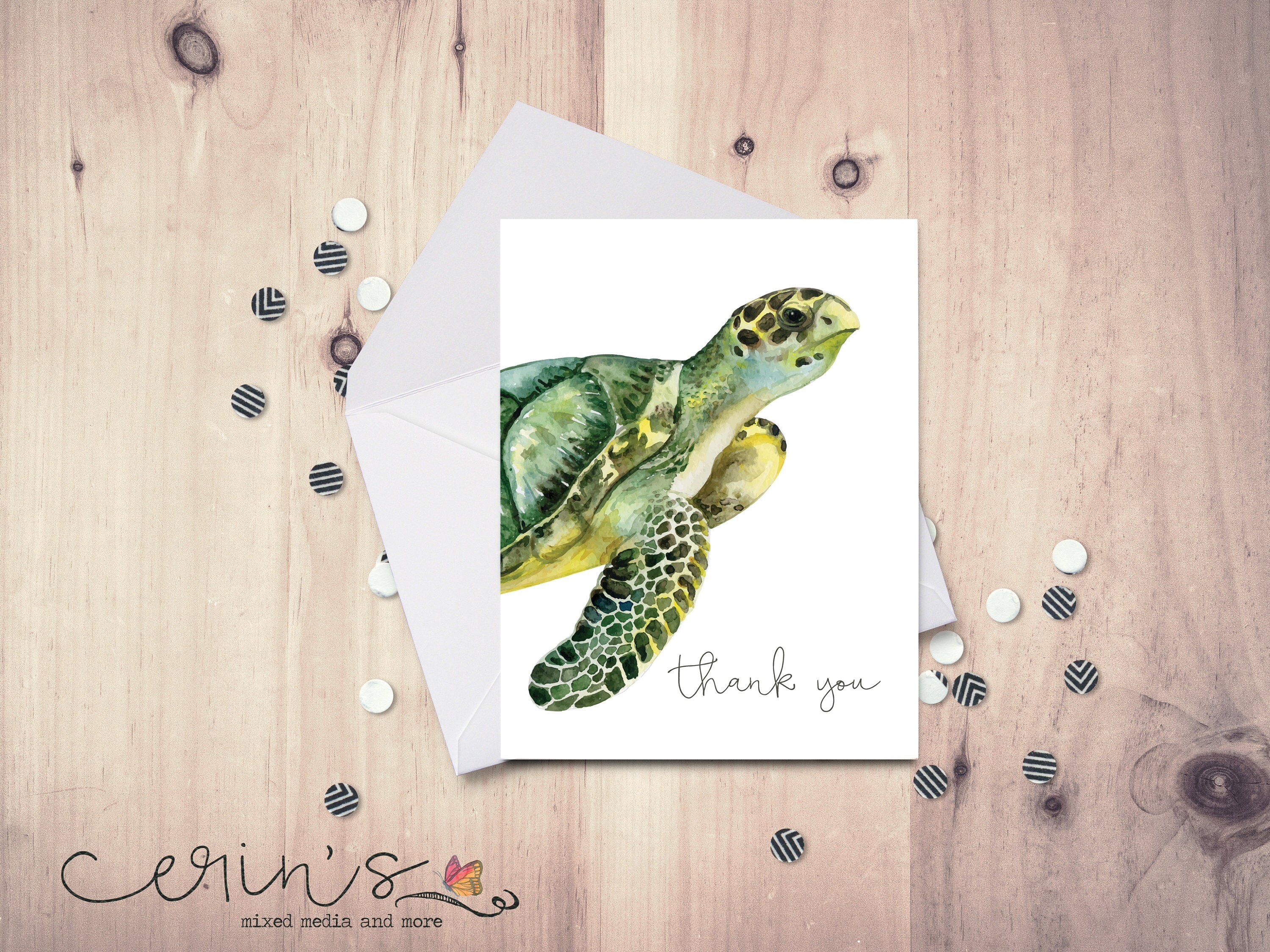 Watercolor Green Sea Turtle Thank You Card~ocean Life Notecards~marine ...