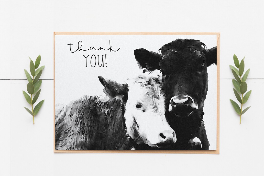 5x7 Rustic Two Cows Thank You Card~inked Farmhouse Card~black and White ...