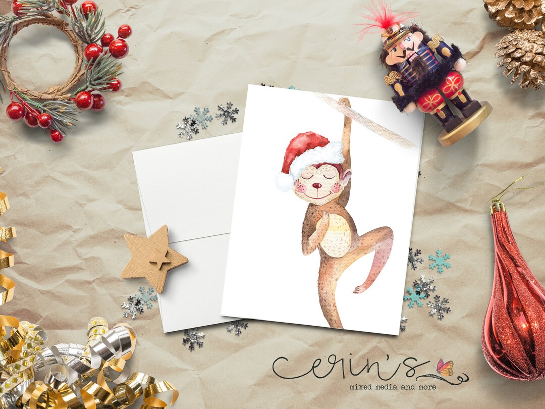 Watercolor Monkey Christmas Card~monkey Holiday Notecards~exotic Animal ...