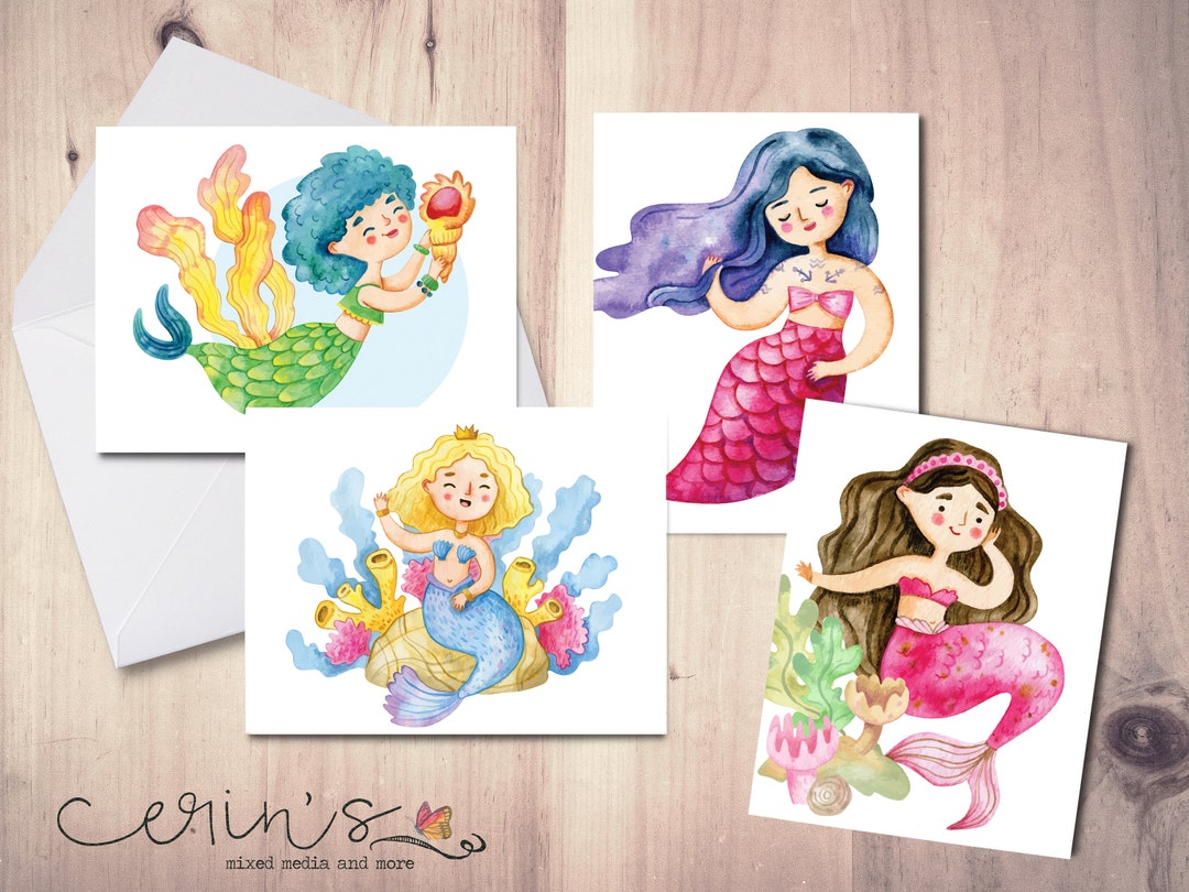 Colorful Mermaid Girls Mixed Set Notecards~watercolor Mermaid Cards ...