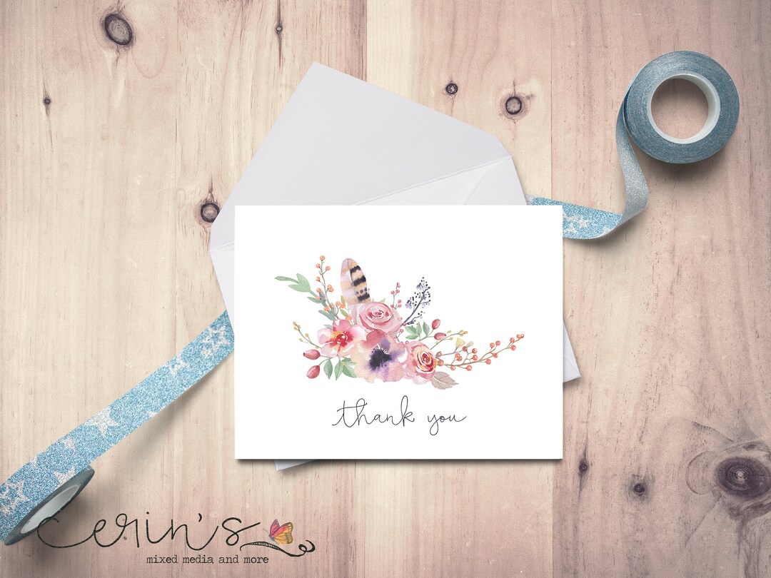Watercolor Floral Boho Thank You Cards~bohemian Watercolor Note Cards ...