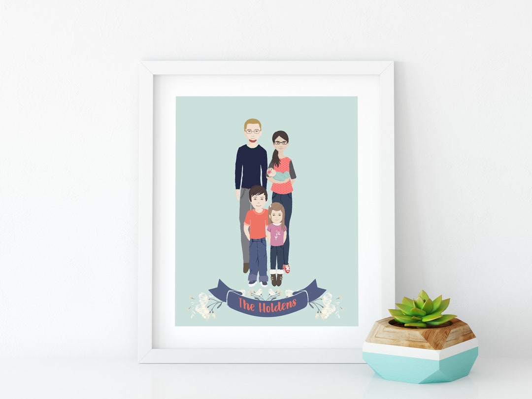Printable Custom Family Portrait With Banner~digital Illustrated ...