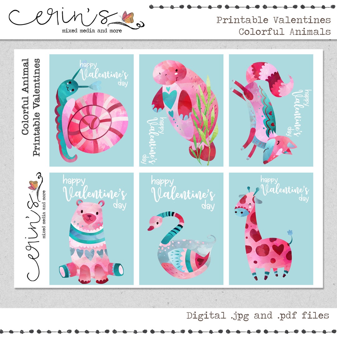 Colorful Animal Valentine Cards~printable Happy Valentines Day~animal ...