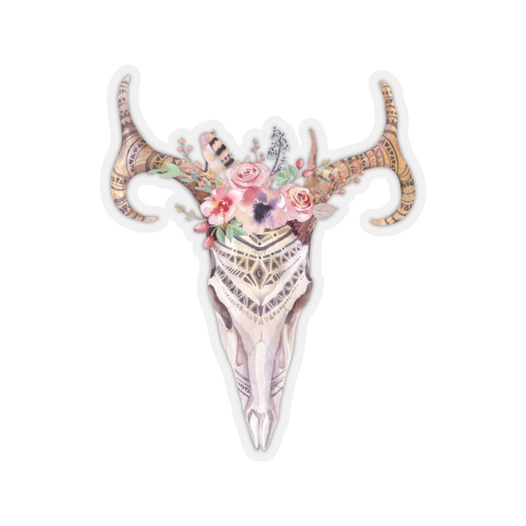 Pegatina de plumas y calavera de ciervo floral Acuarela Calcomanía de ...