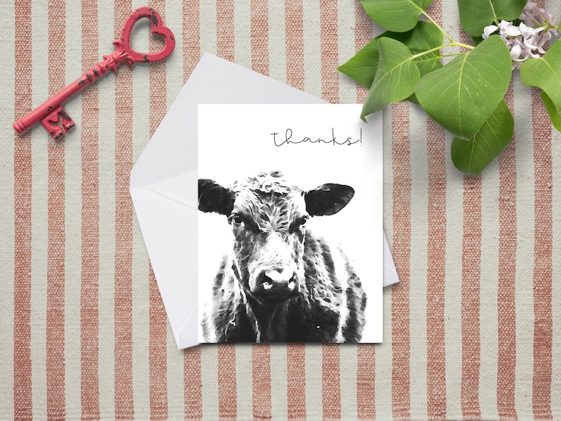 Farmhouse Style Cow Thank You Cards~black and White Watercolor Note ...