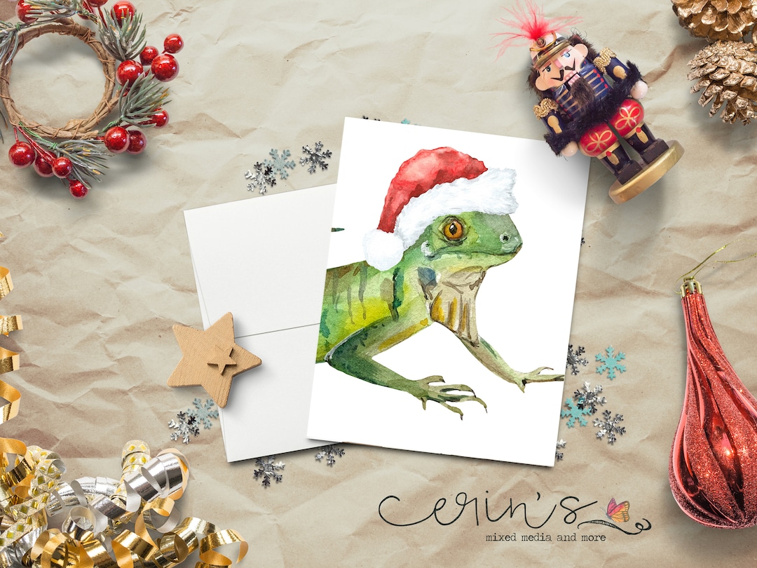 Watercolor Lizard Christmas Card~exotic Animal Holidays Greetings Card ...