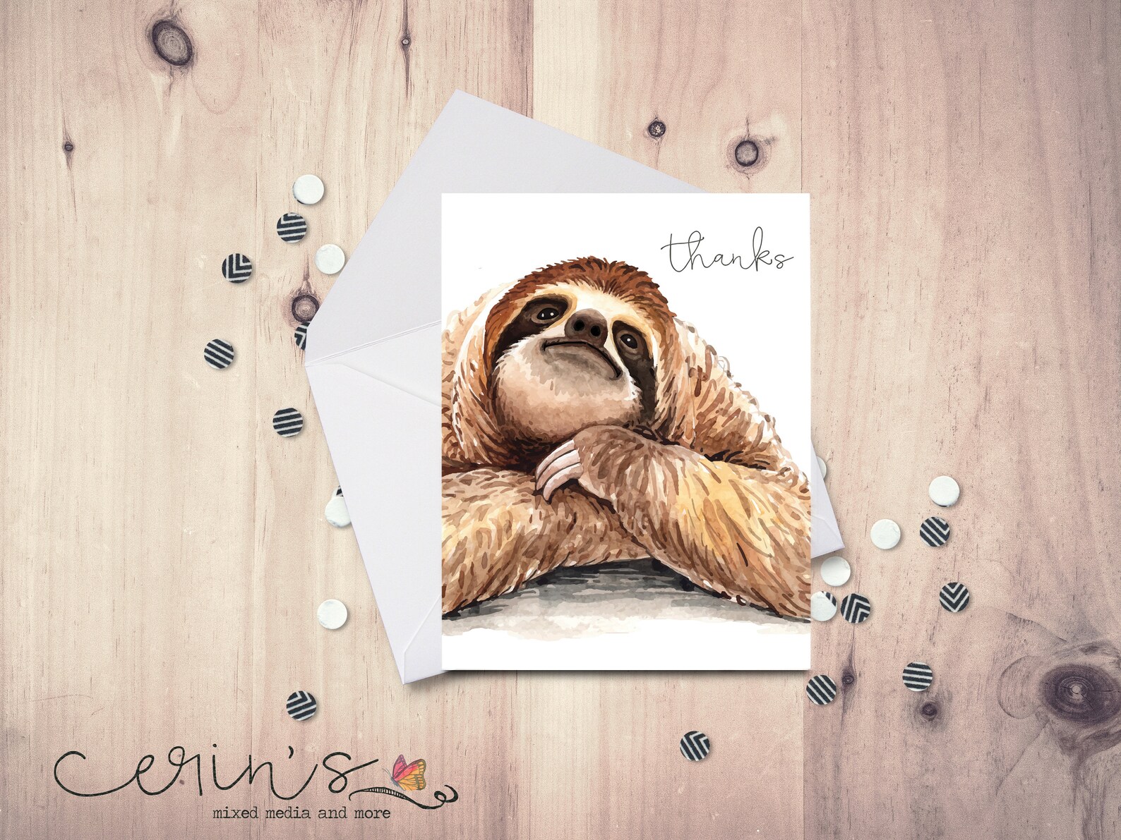 Relaxing Sloth Thank You Card~watercolor Animal Friends Blank Note ...