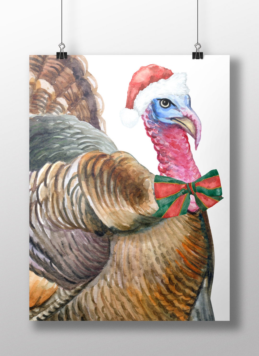 Christmas Turkey Art Print~watercolor Santa Turkey Canvas~animal Wall ...