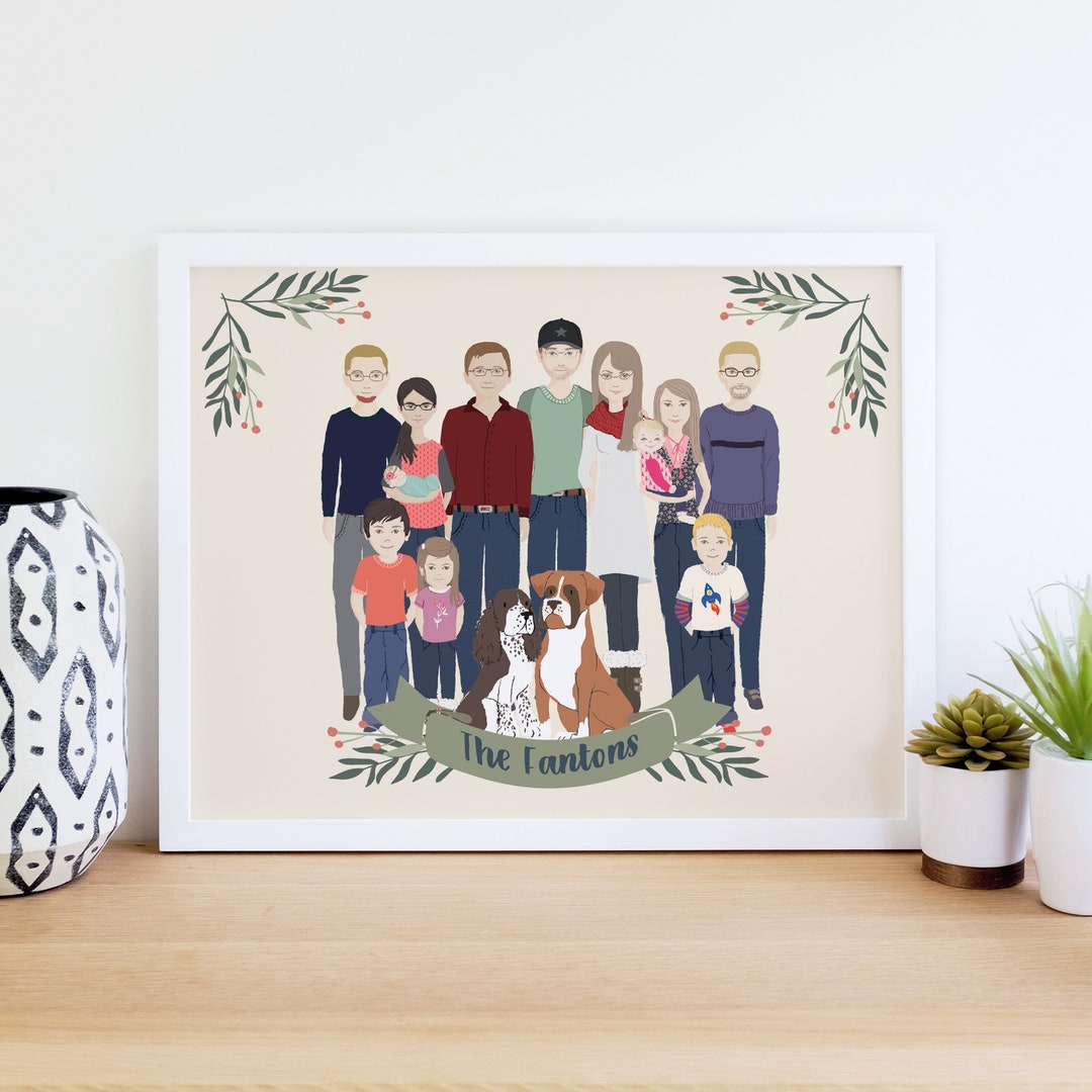 Printable Custom Extended Family Portrait With Name Banner and Greenery ...