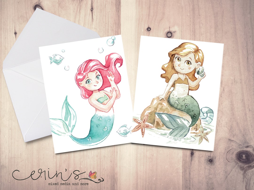 Mermaid Mixed Set Notecards~watercolor Mermaid Cards~mermaid Party ...