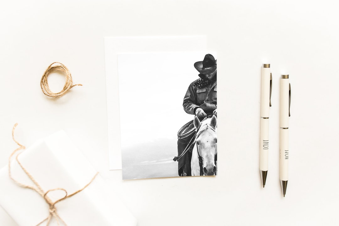 Cowboy Ink Drawing Folded Note Card~watercolor Black and White Cowboy ...