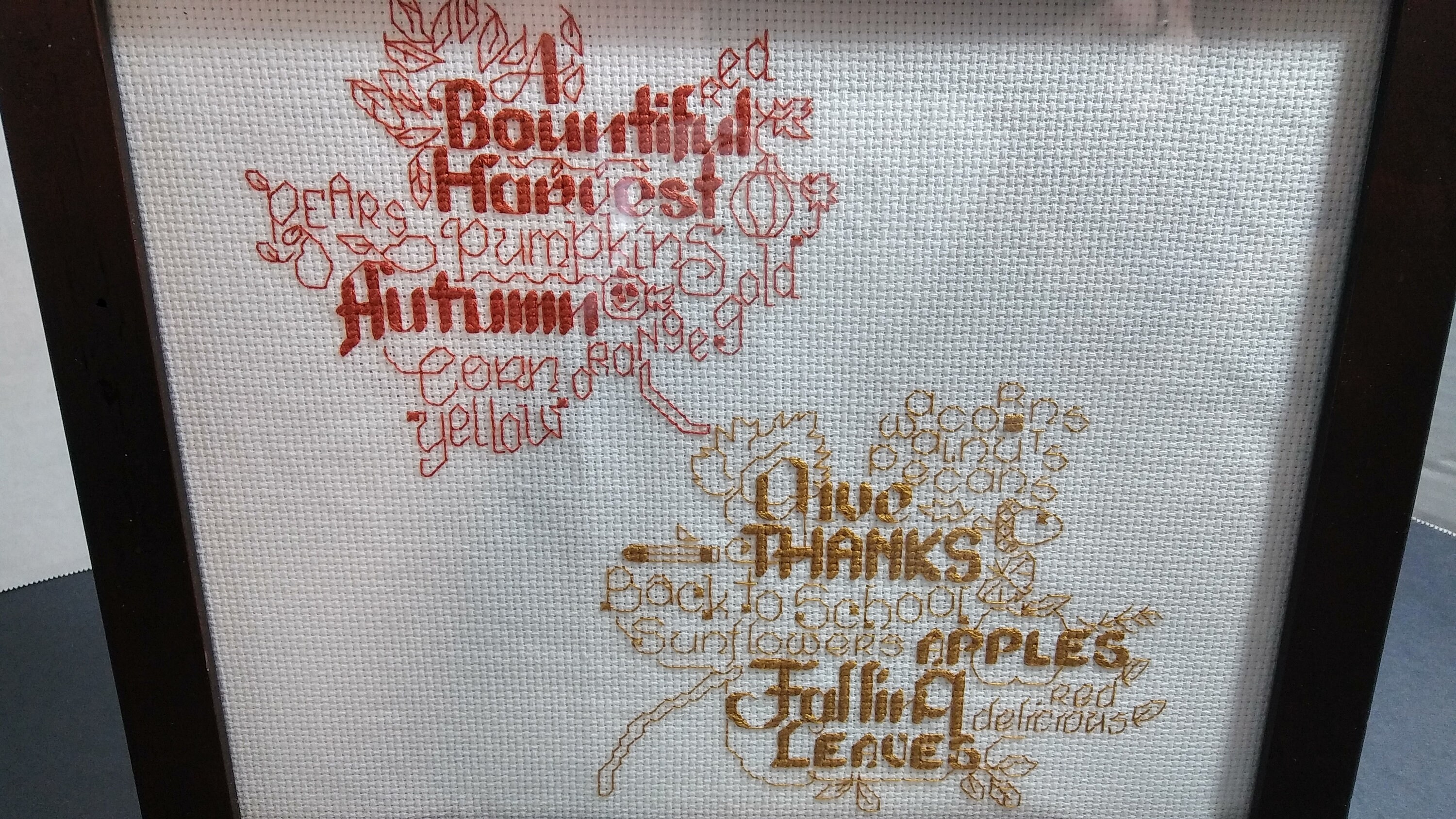 Words Made Into a Form of Two Autumn Leaves Completed Cross Stitch ...