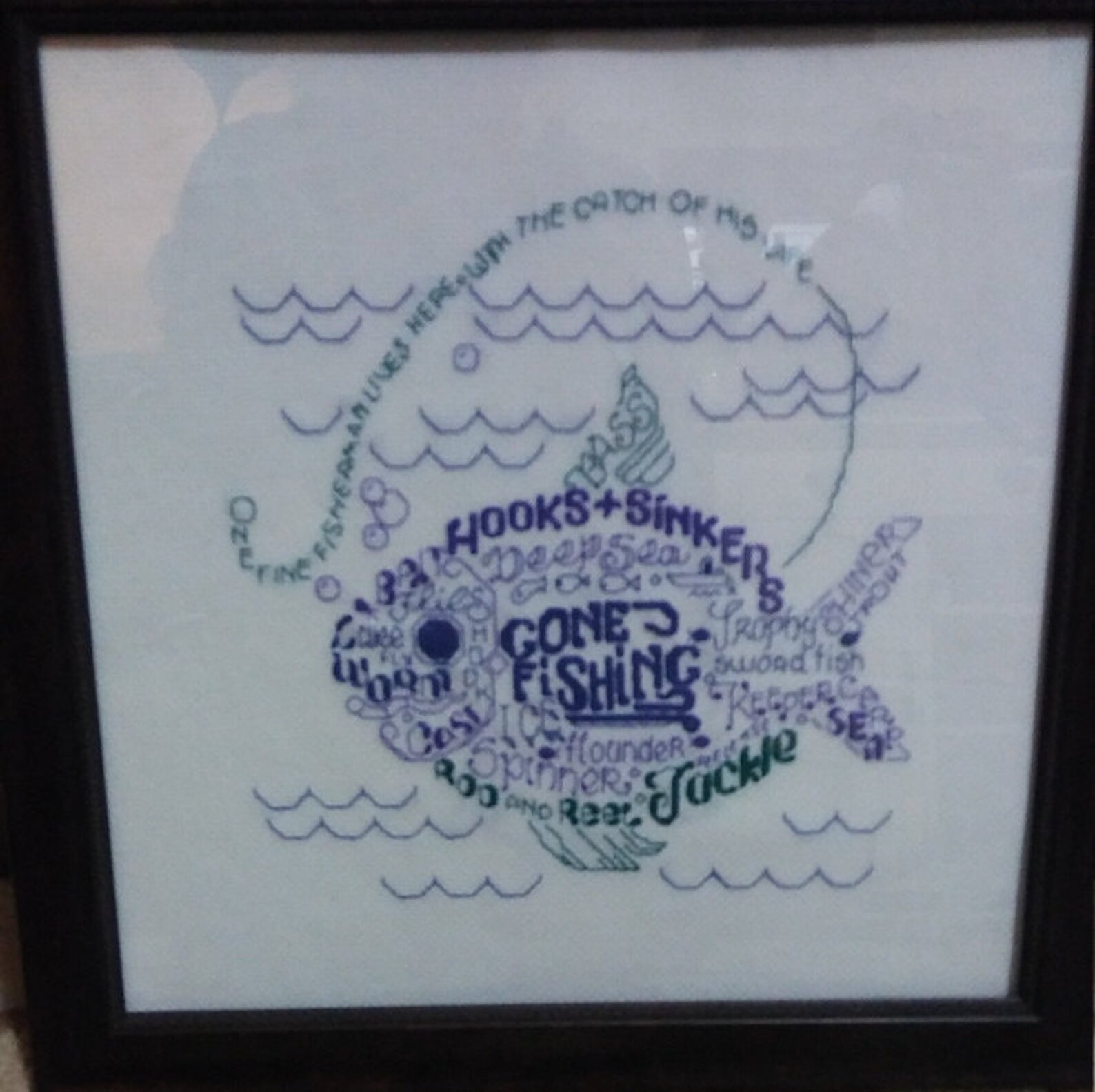 Completed Cross Stitch let's Go Fishing Words Sampler Framed,finished ...