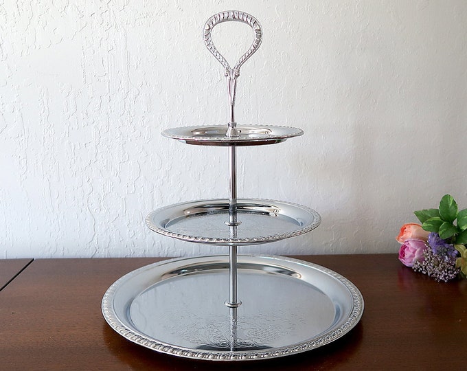 Irvinware 3 Tier Serving Tray, Etched Chrome Silver Color Cake Stand ...