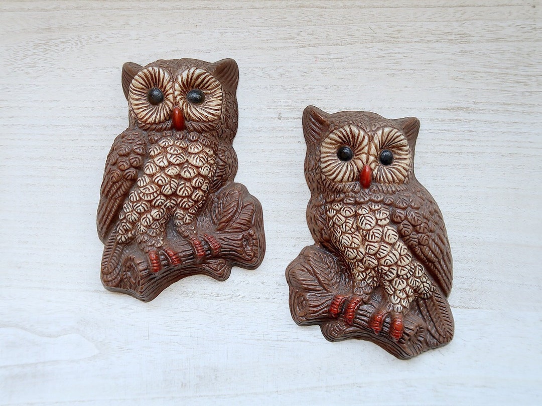 2 Vintage Owl Wall Art Decor, Boho Kitsch Pair Owls, Retro 3D Owl Wall ...