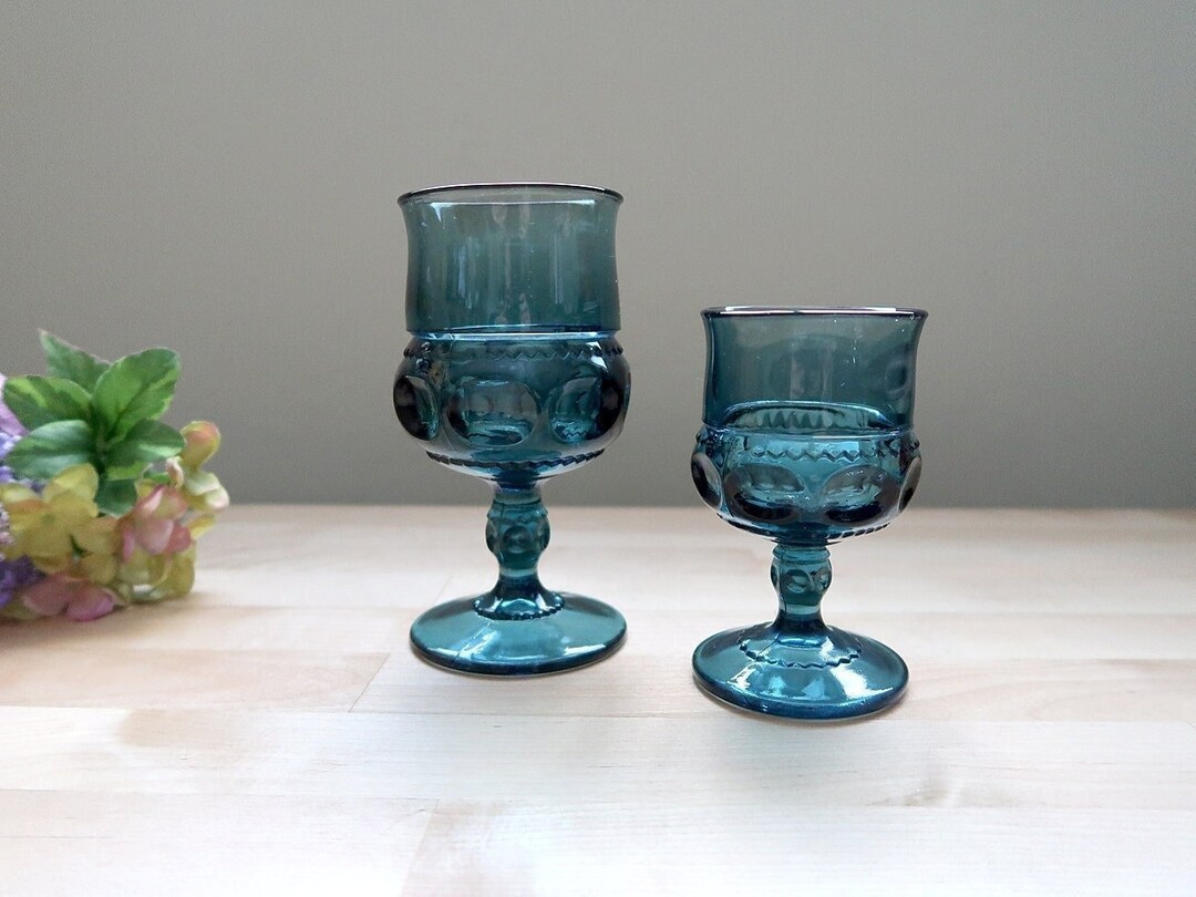 Kings Crown Blue Goblet & Small Wine Glass, Thumbprint Pattern Blue ...