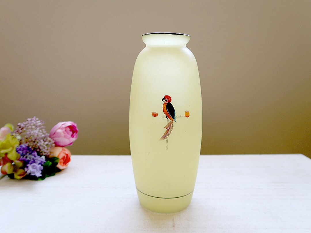 Vintage Yellow Frosted Glass Bird Vase, Parrot, Hand Painted, Bird ...
