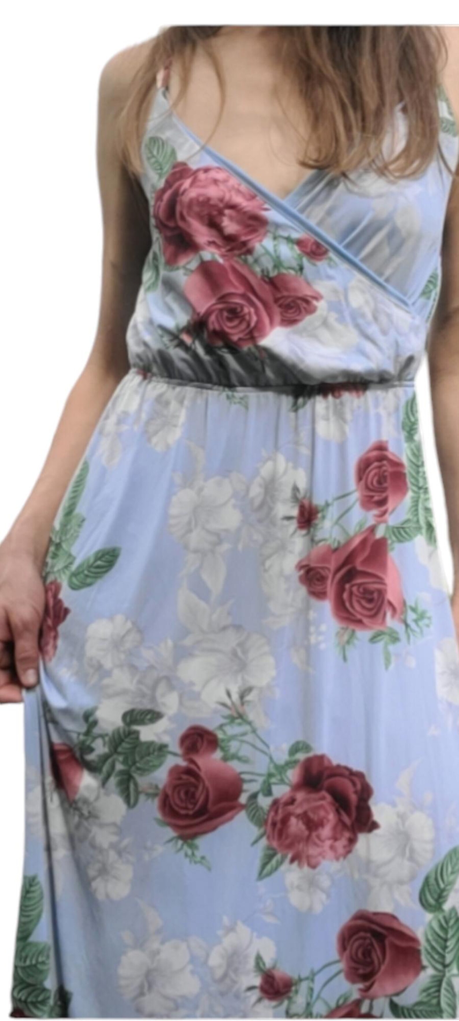Vintage Y2k 00s BE Stage Red Roses White Flowers Blue Background Maxi ...