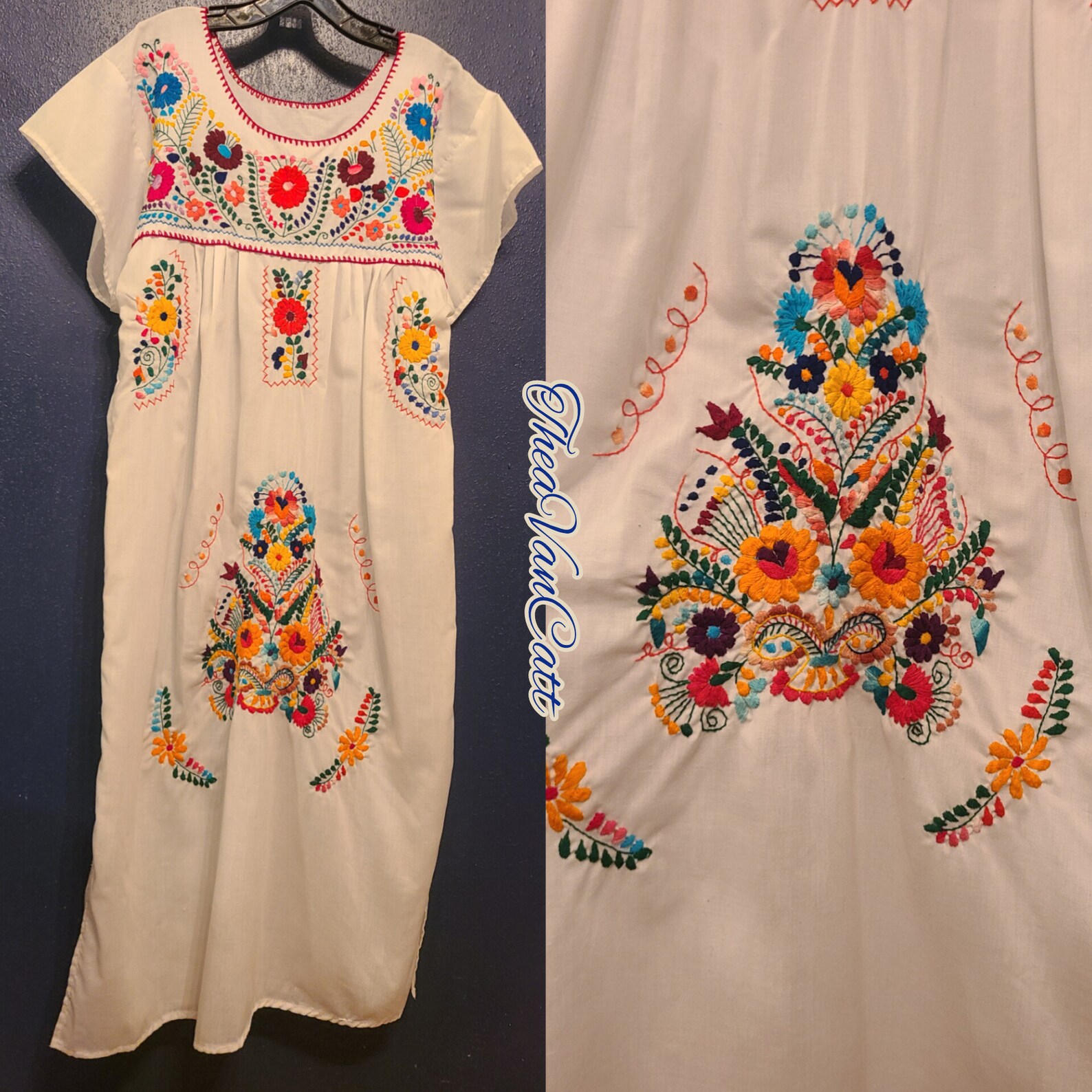Vintage Mexican Style Colorful Floral Embroidery Relaxed Boxy Fit Short ...