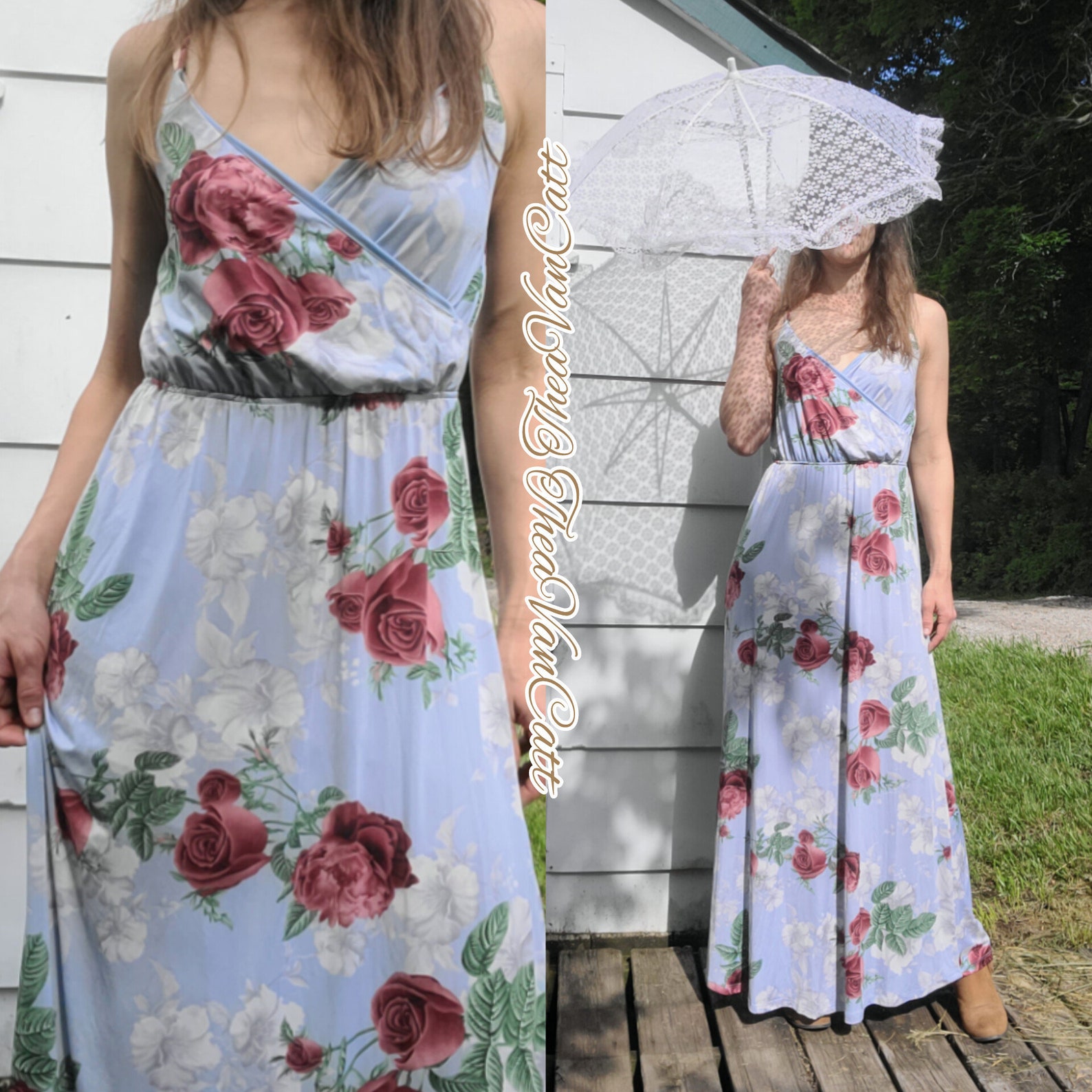 Vintage Y2k 00s BE Stage Red Roses White Flowers Blue Background Maxi ...
