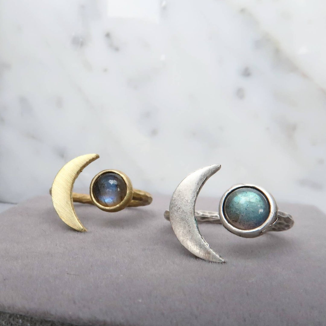 Labradorite Moon Ring Natural Labradorite Gemstone Ring Gold and Silver Half Moon Labradorite ...