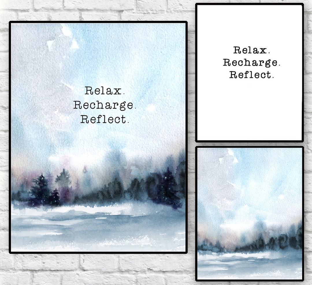 Relax, Recharge, Reflect, Winter Watercolor Landscape, Blue Decor ...