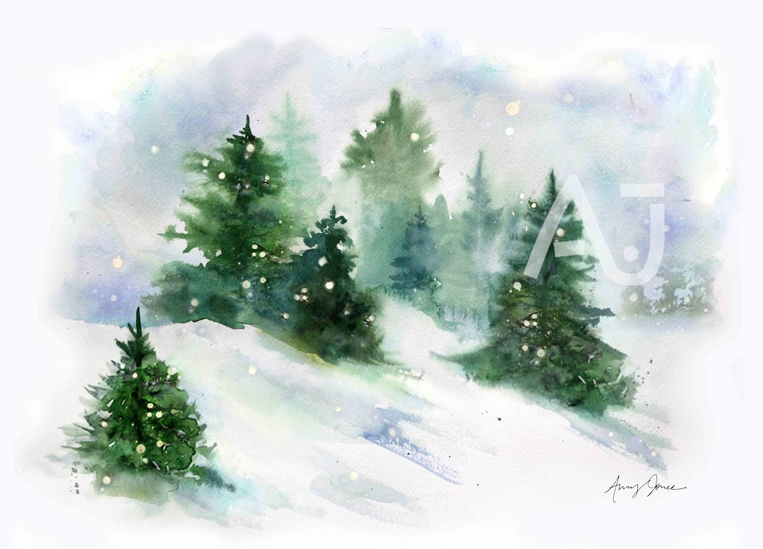 Watercolor Winter Evergreen Trees, Falling Snow, Winter Snow Storm ...