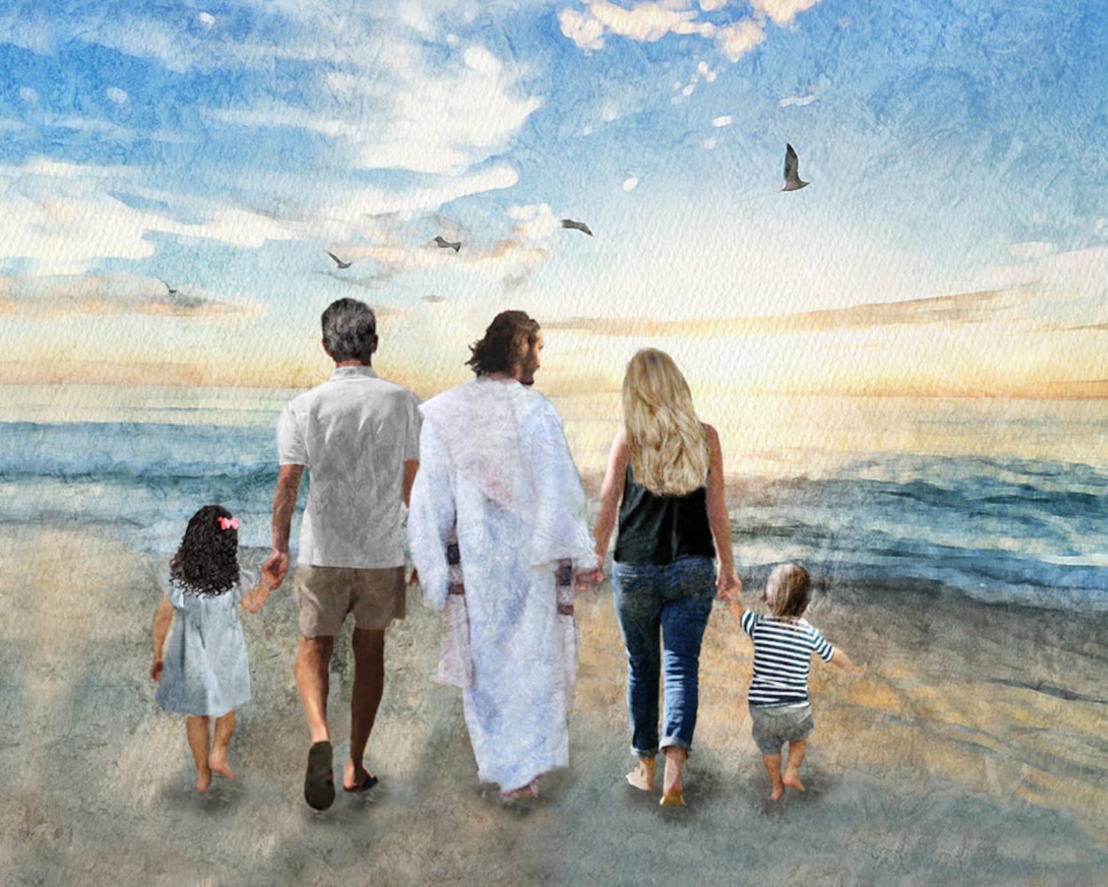 Jesus Walking on Beach With Family/child/loved One, Custom Painting ...