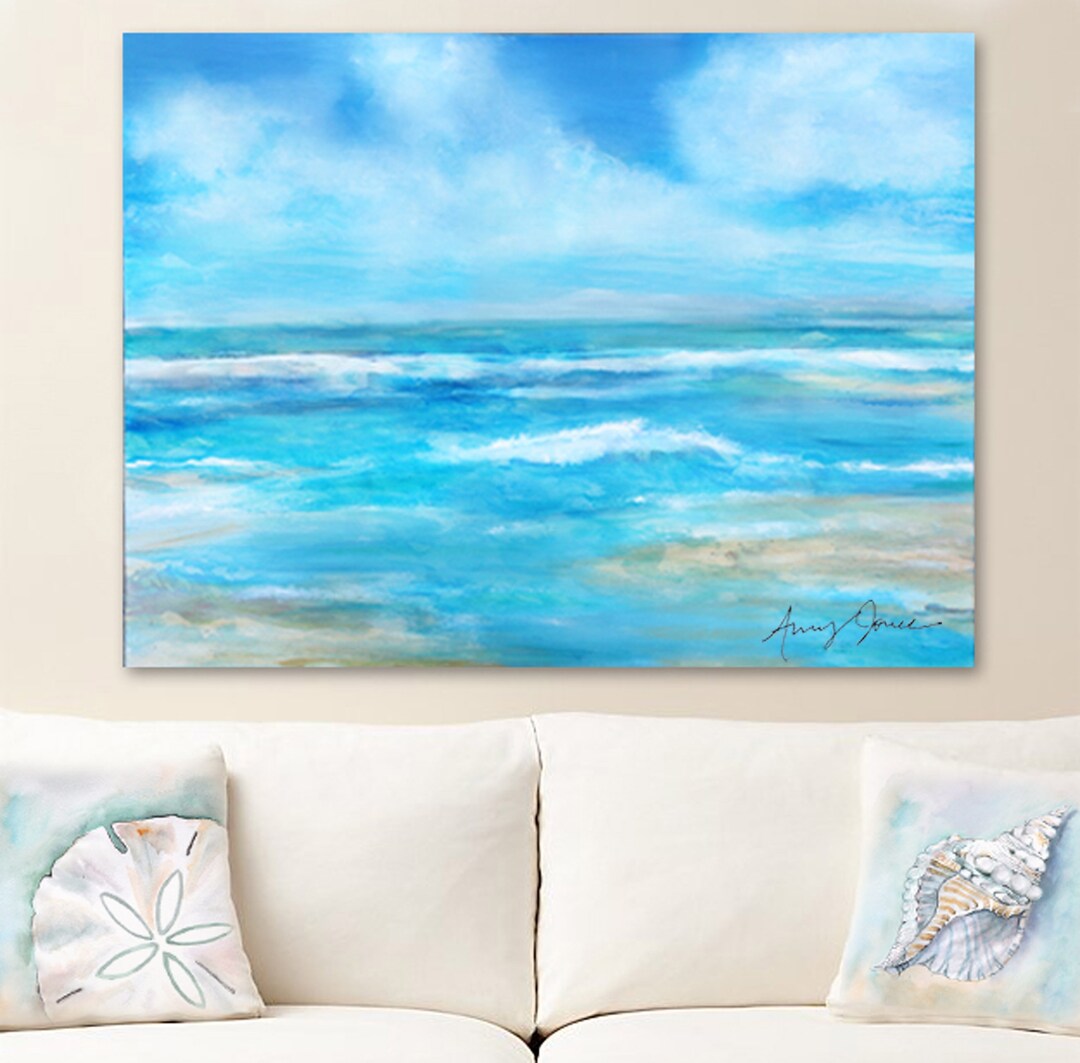 Ocean Breeze Watercolor Coastal Art Sailboat (optional) in Blues, Teals ...